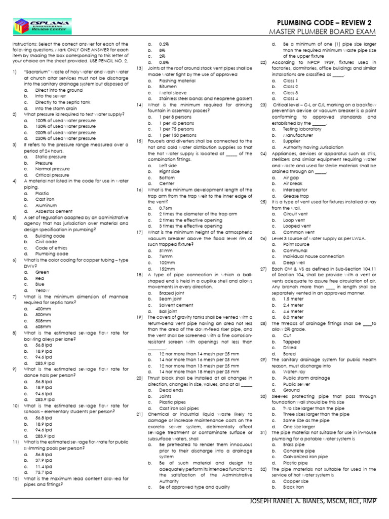 Plumbing Code Practice Set 2 | PDF | Plumbing | Pipe (Fluid Conveyance)