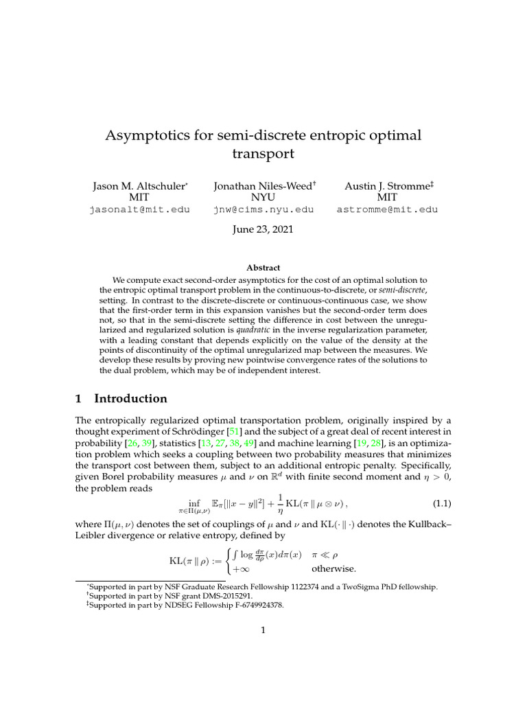 Asymptotics For Semi-Discrete Entropic Optimal | PDF | Measure (Mathematics) | Normal Distribution