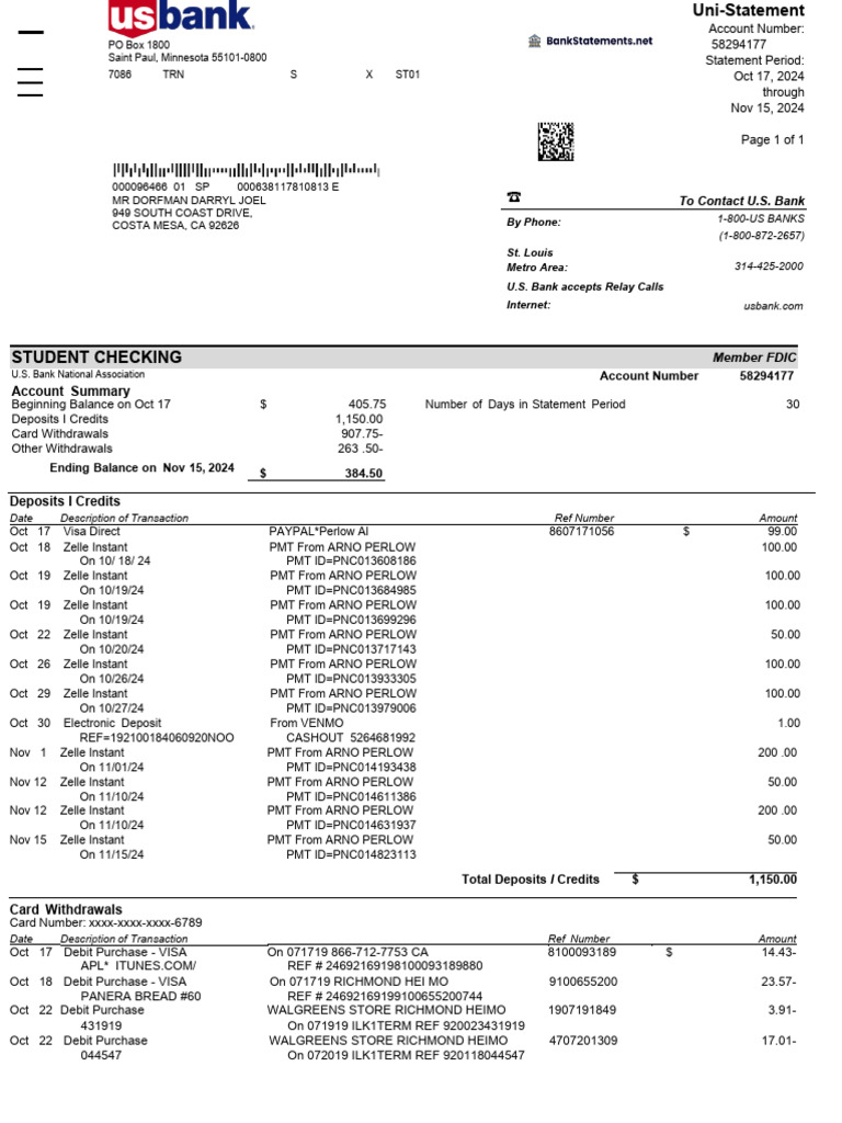US-Bank-Statement Edited | PDF | Debit Card | Banks