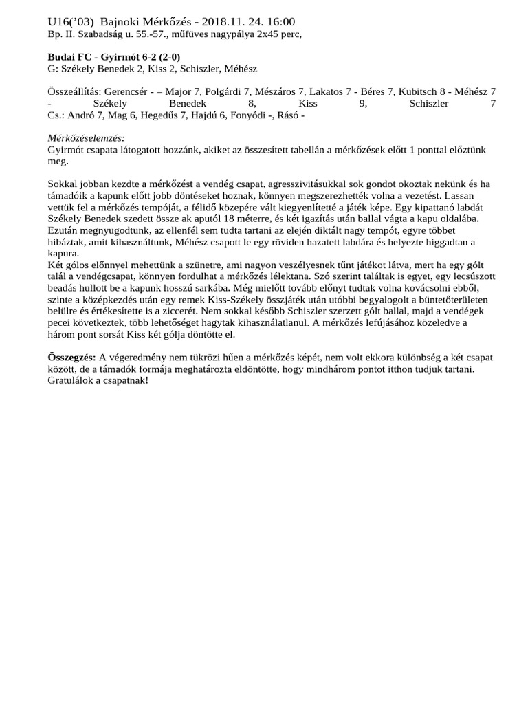 U16 ('03) Budai FC - Gyirmót | PDF