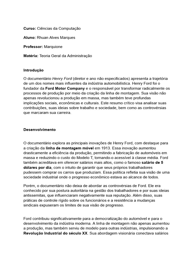 Rhuan Alves Marques Henry Ford 2 Pontos | PDF | Carro | Ford Motor Company