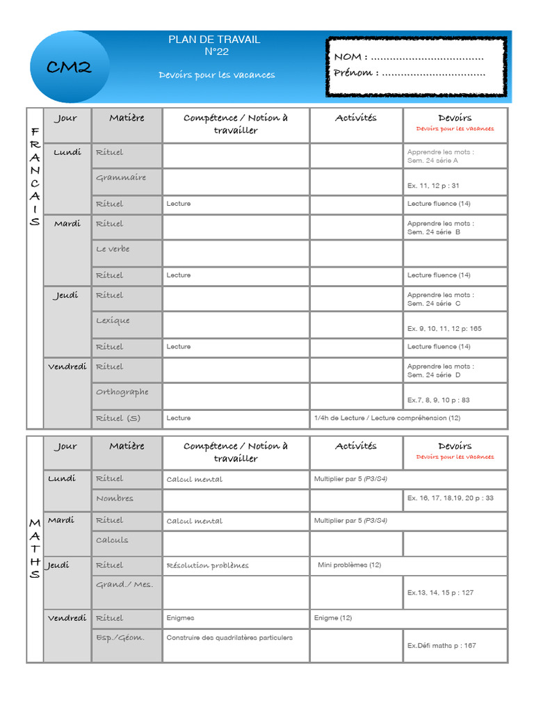 Devoirs CM2 pour les vacances | PDF | Phrase | Mécanique du langage