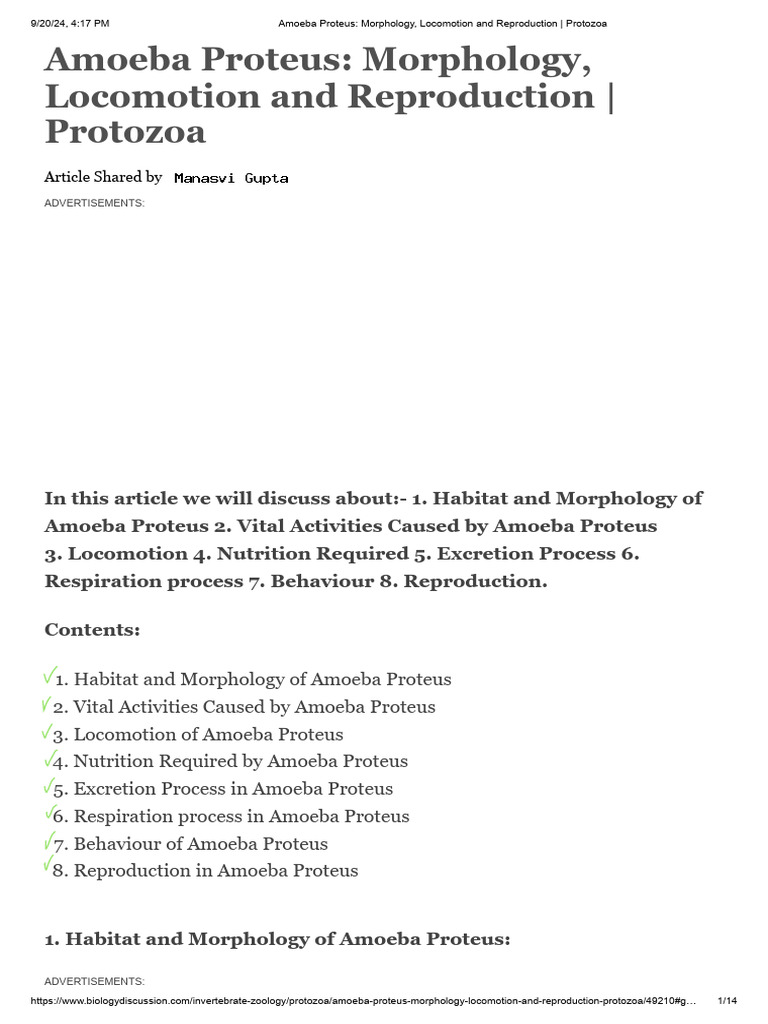 Amoeba Proteus Morphology Locomotion and Reproduction Protozoa | PDF ...