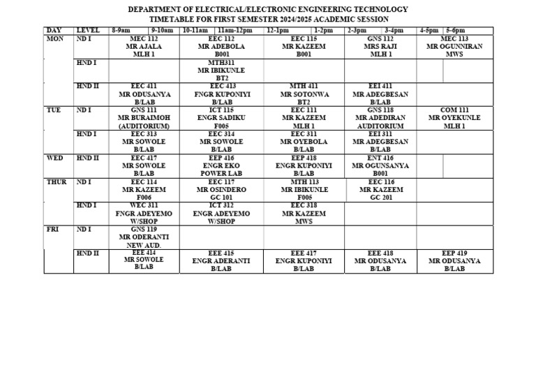 Updated Timetable For 2024-2025 First Semester | PDF
