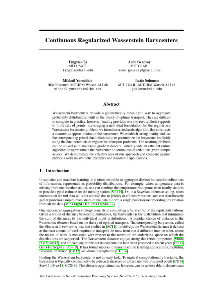Continuous Regularized Wasserstein Barycenters | PDF | Normal Distribution | Mathematical ...
