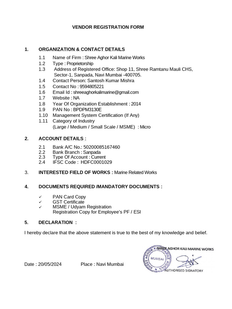 Vendor Registration Form for Marine Works | PDF