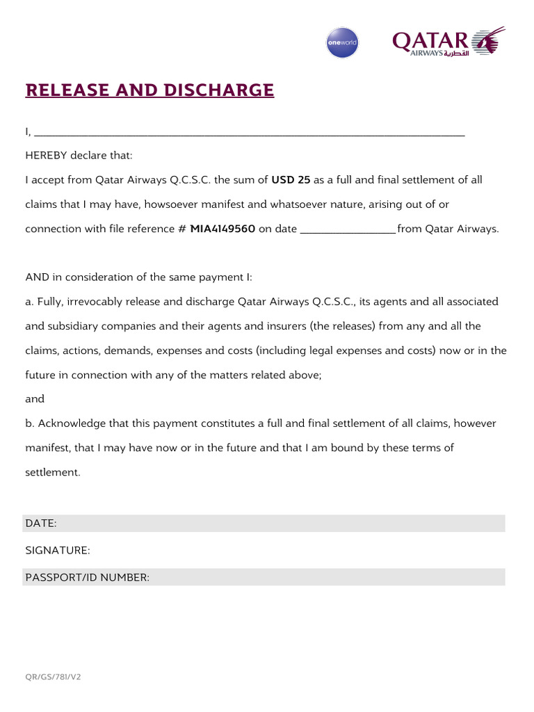 Qatar Airways Release and Discharge Form | PDF