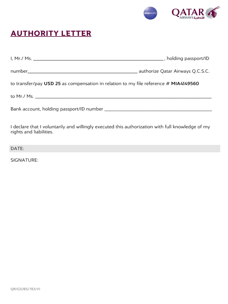 Qatar Airways Compensation Authorization | PDF