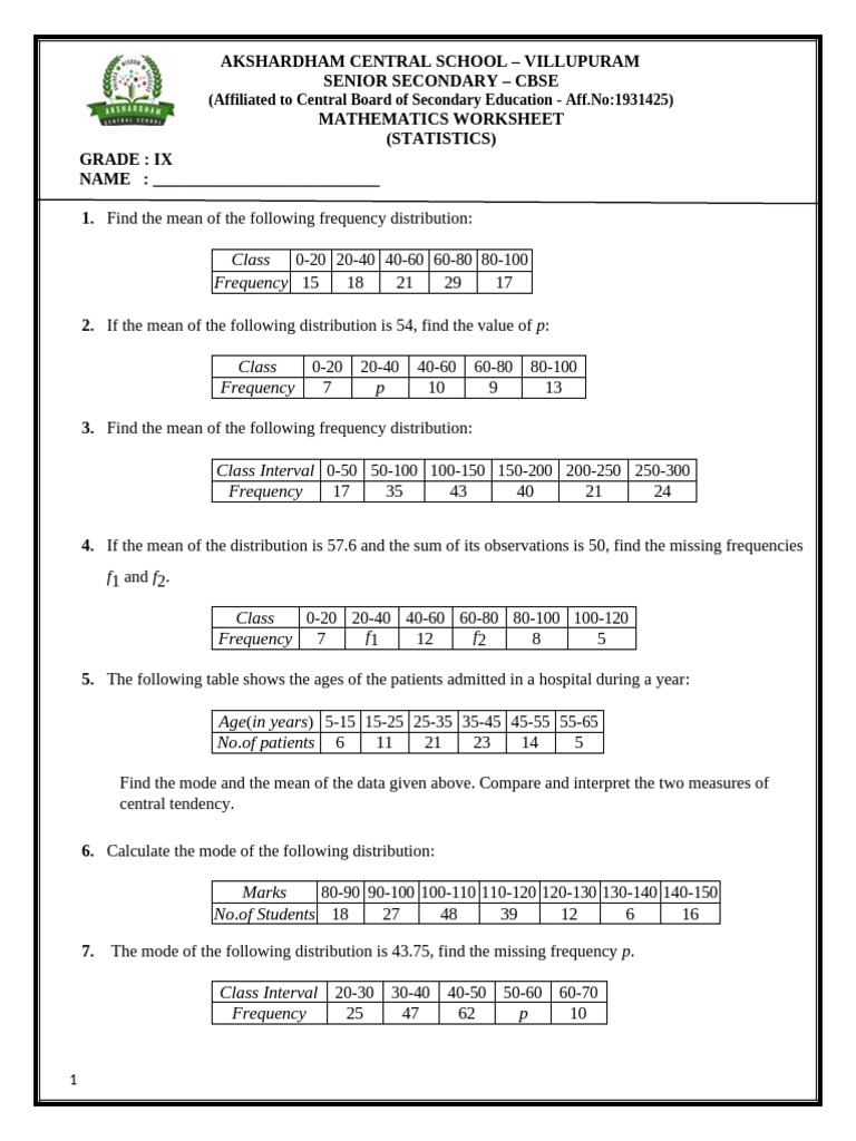 Grade 9 statistics worksheet | PDF | Arithmetic Mean | Mode (Statistics)