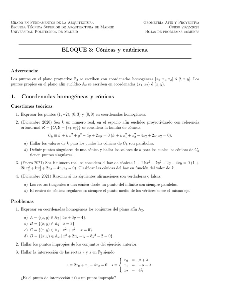 Hoja Bloque 3 Conicas Cuadricas | PDF | Línea (geometría) | Ecuaciones