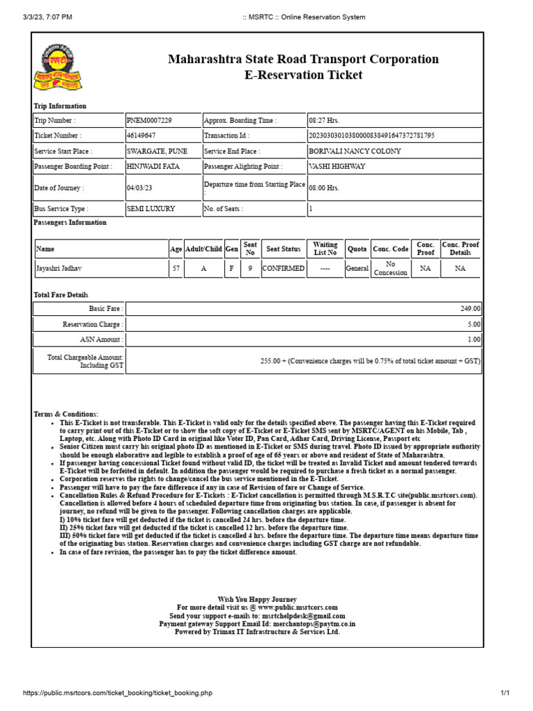MSRTC E-Ticket Details | PDF | Fare | Public Transport