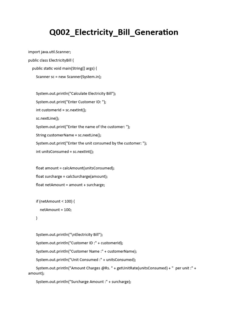 Q002 Calculate Electricity Bill - Program in Java | PDF
