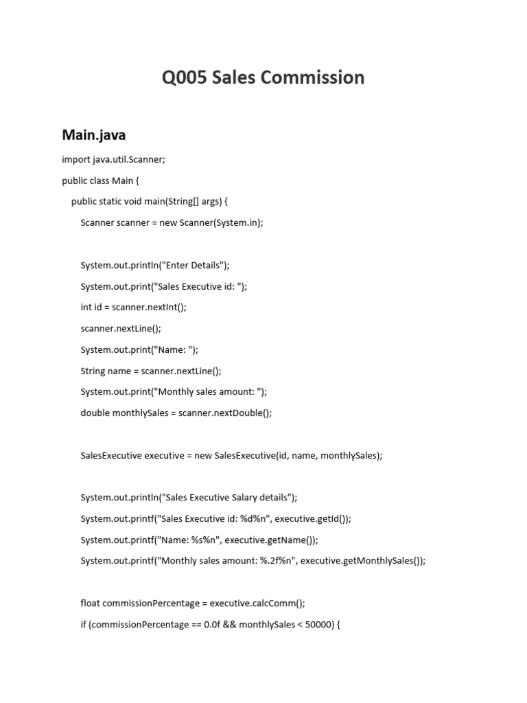 Q005 Sales Commission - Program in Java | PDF | Computer Programming | Software Engineering