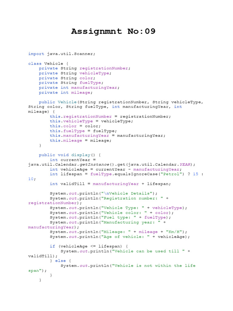 Q009 Vehicle Lifespan Program In Java Pdf Fuel Economy In
