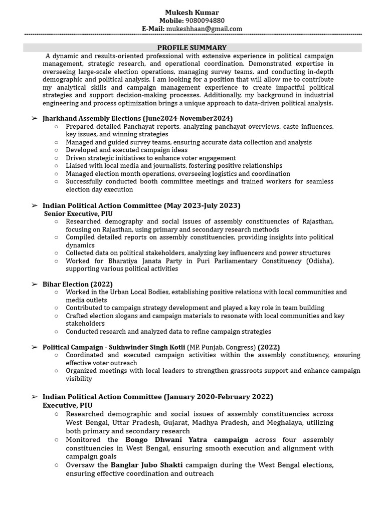 Mukesh Kumar Updated Political Resume-1 | PDF