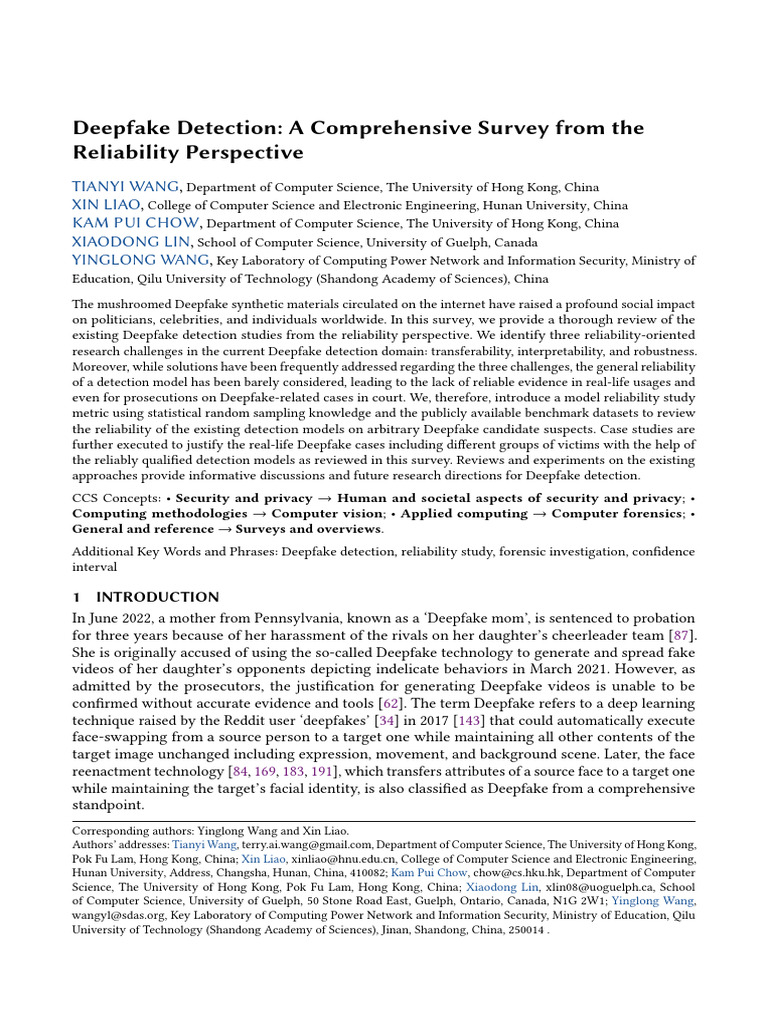 Deepfake Detection A Comprehensive Survey From The Reliability Perspective 2024 | PDF | Sampling ...