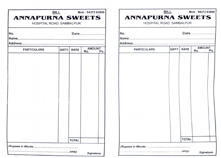 Annapurna Sweets Bill Template | PDF