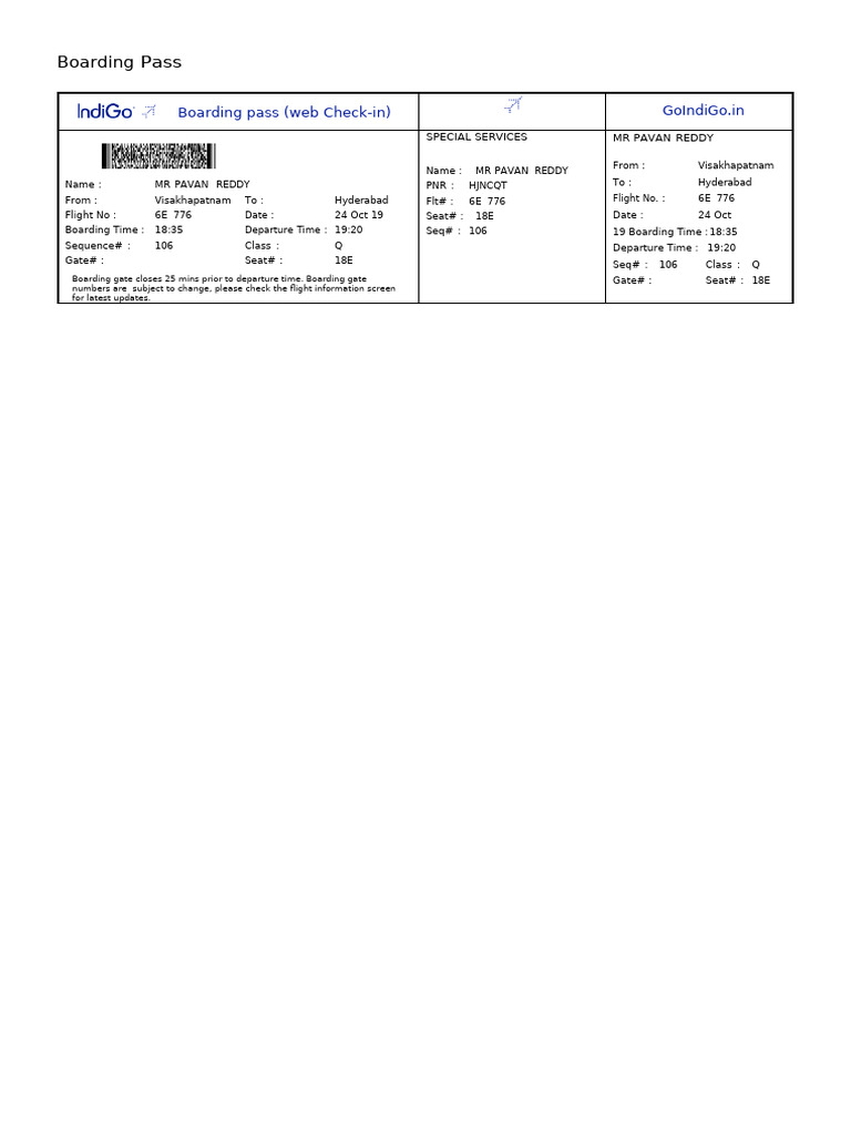 Indigo Boarding Pass Sample | PDF