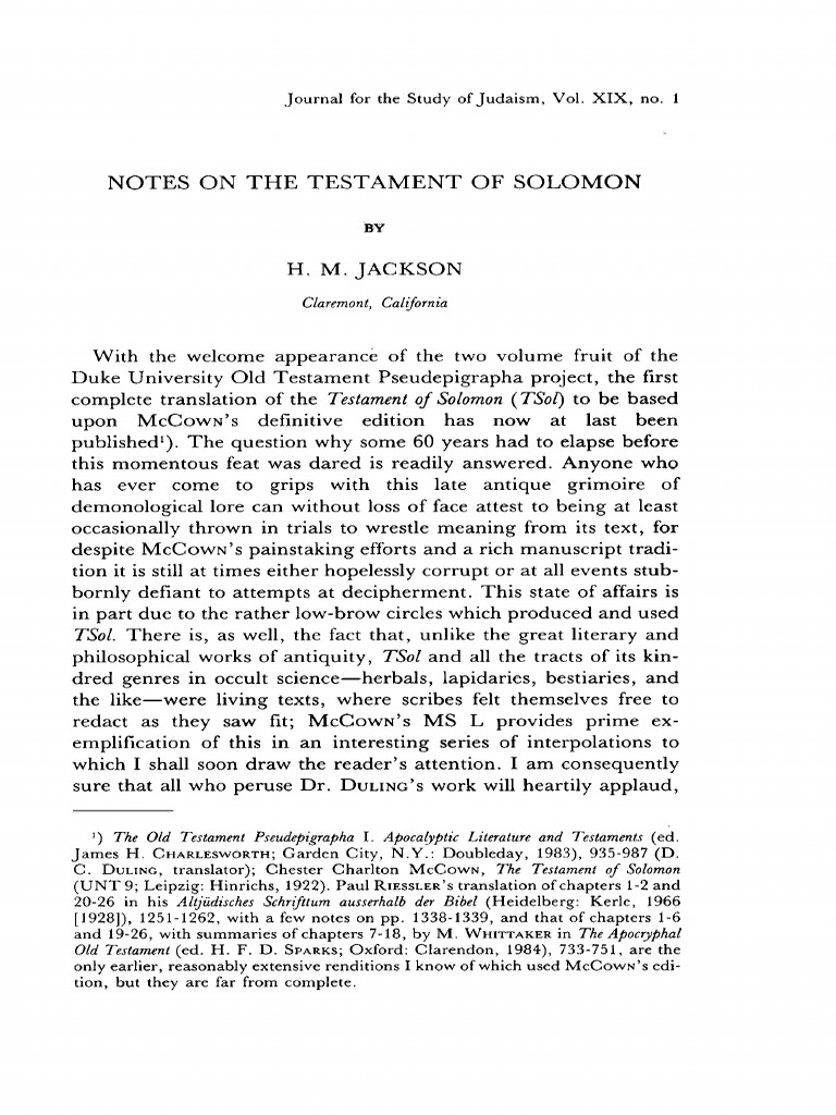 Jackson, H. Notes On The Testament of Solomon, 1988 | PDF | Amulet ...