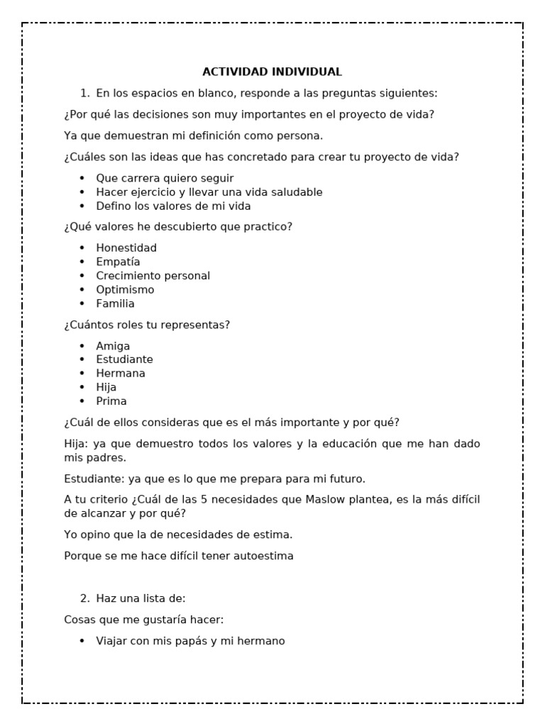 Actividad individual, proyecto de vida | PDF | Autoestima