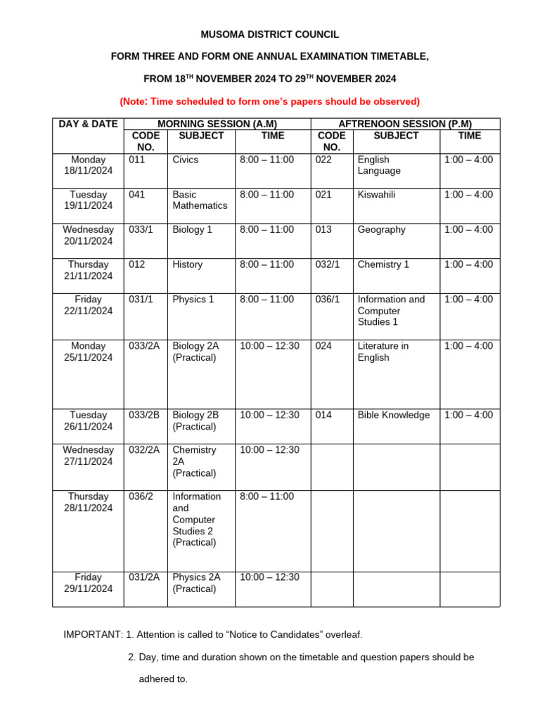 1. DISTRICT F3 & F1 ANNUAL EXAMS TIMETABLE NOV, 2024 | PDF