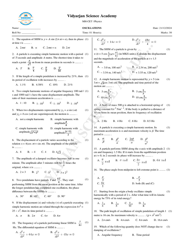 MH-CET Physics Oscillations Quiz | PDF | Oscillation | Quantity