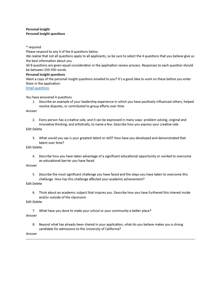 UC Personal Insight Questions Guide | PDF
