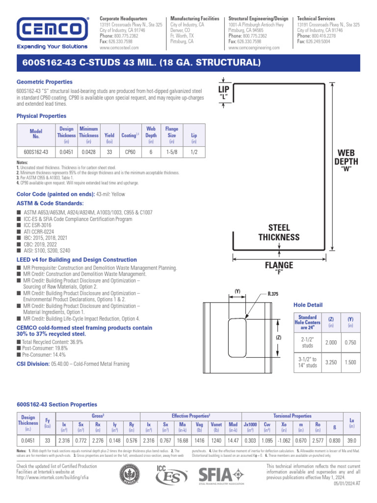 600S162-43 C-STUDS 43 MIL. (18 GA. STRUCTURAL) : Phone: Fax: Phone: Fax ...