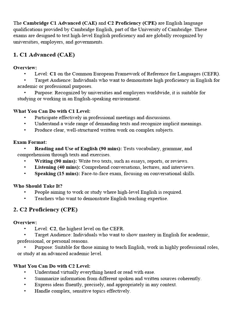 The Cambridge C1 Advanced (CAE) and C2 Proficiency (CPE) Are English Language Qu | PDF | Human ...
