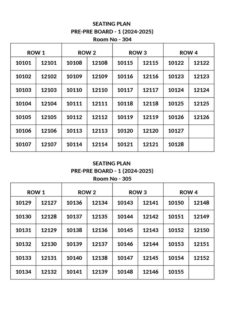 Seating Plan of Pre-Pre Board 1 2024-25 | PDF