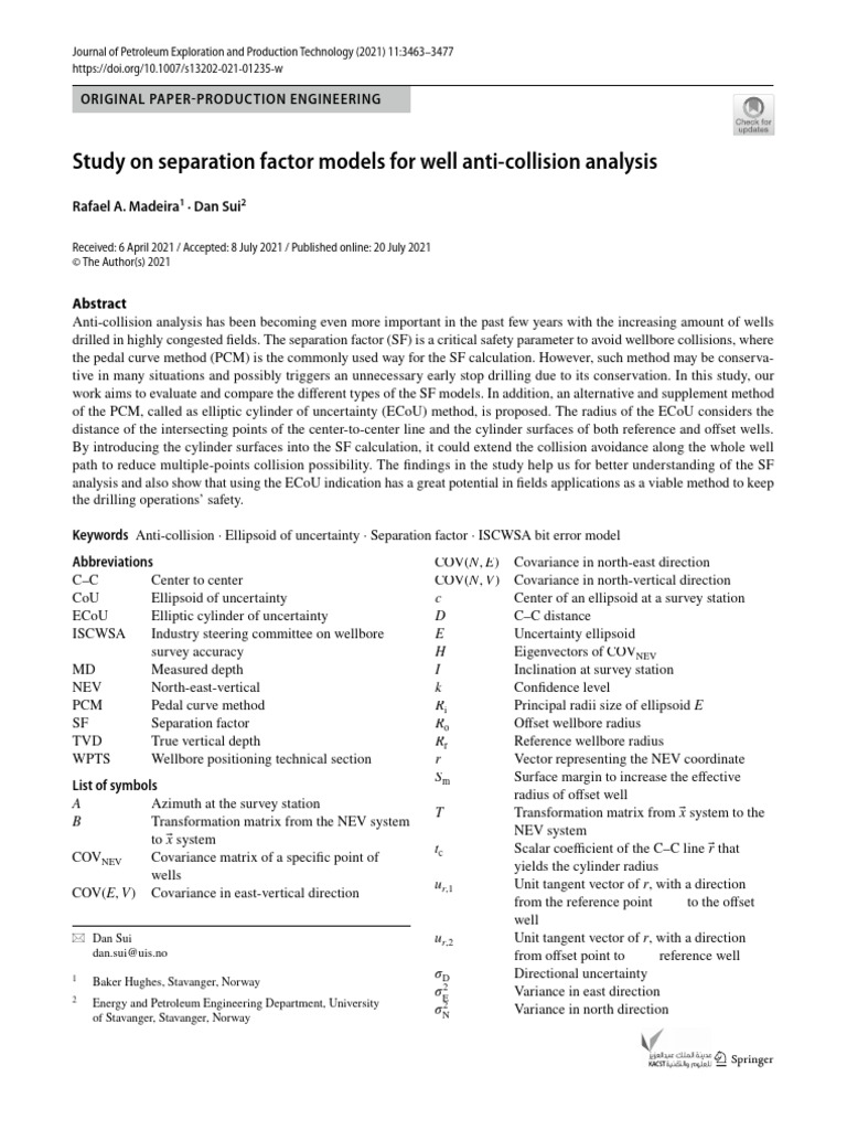 2021 Study On Separation Factor Models For Well Anti Collision Analysis ...