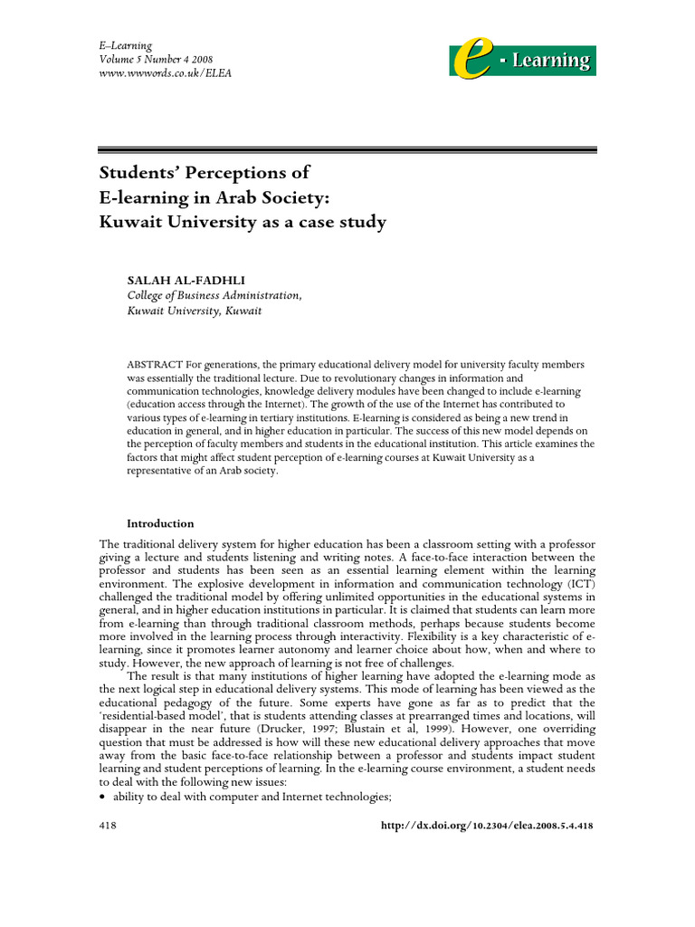 Al Fadhli 2008 Students Perceptions of e Learning in Arab Society ...