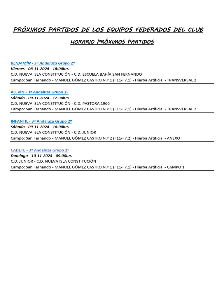 Próximos Partidos de Los Equipos Federados Del Club | PDF