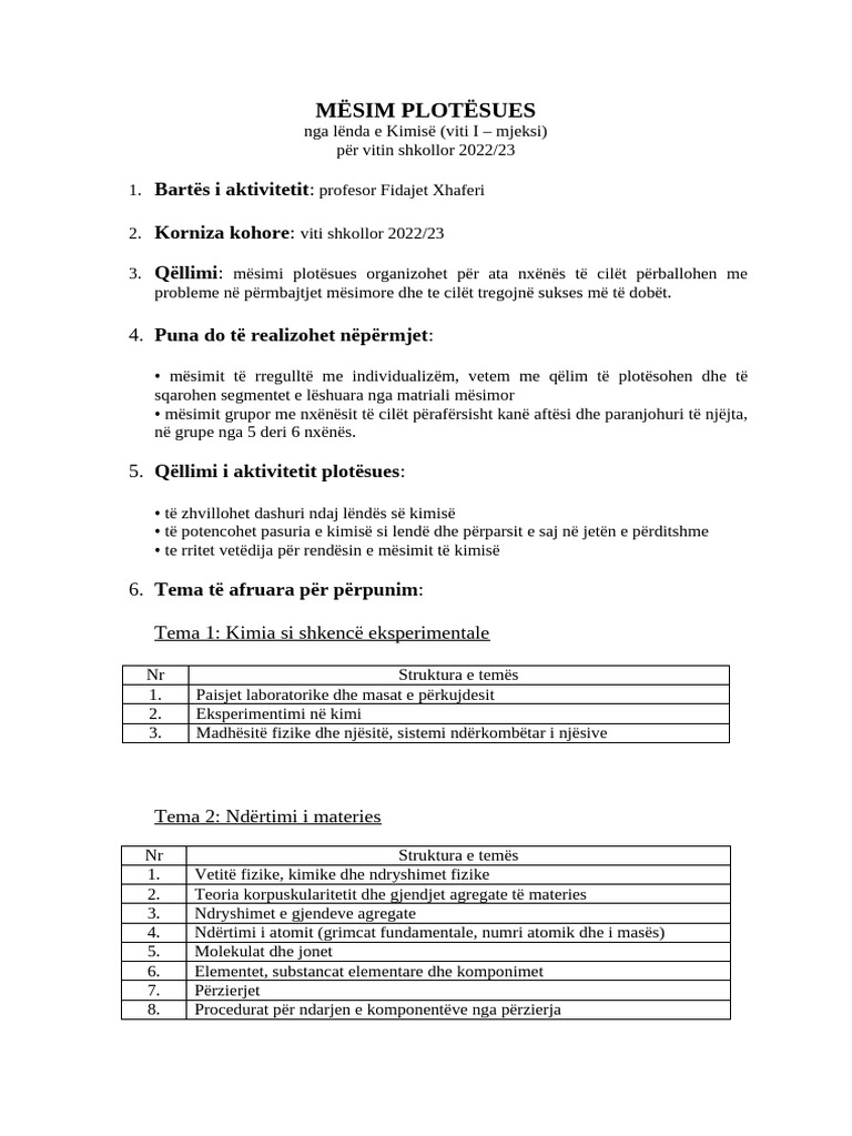 Mesimi Shtues Dhe Plotesues Viti I (2022-23) | PDF