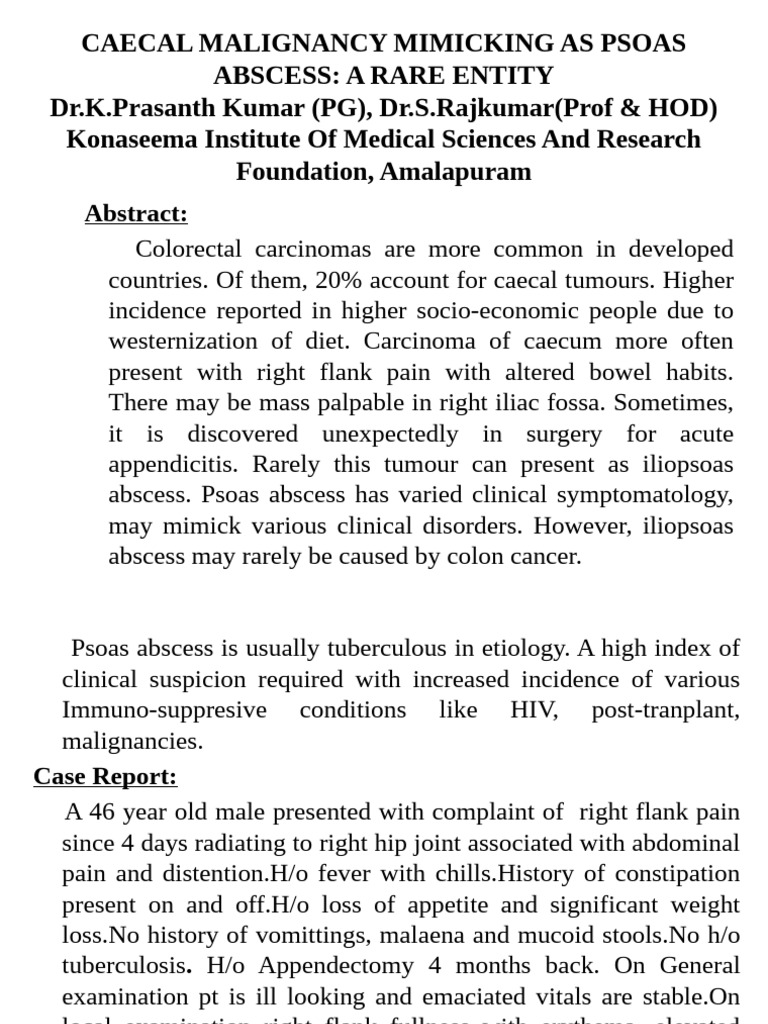 CAECAL MALIGNANCY MIMICKING AS PSOAS ABSCESS | PDF | Colorectal Cancer ...