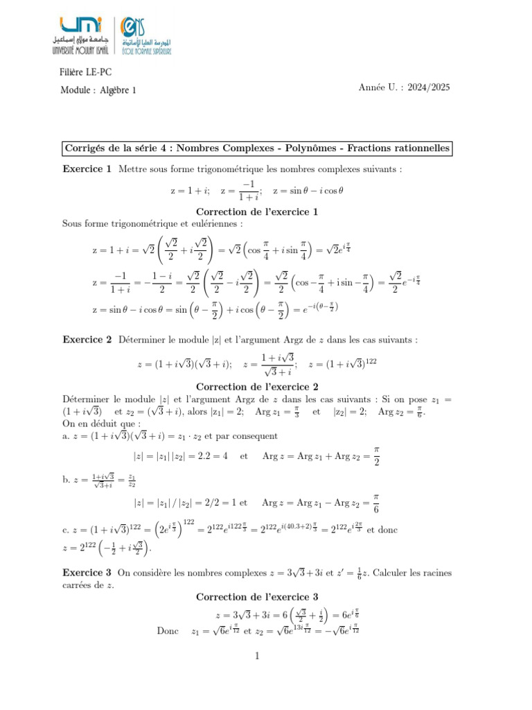 Corr Série 4 Ex1 Ex9 | PDF | Nombre complexe | Racine carrée