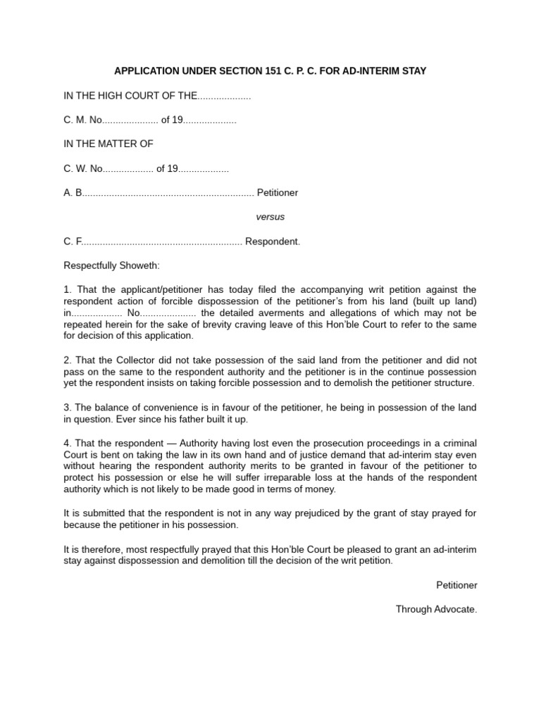 Application Under Section 151 C. P. C. For Ad-Interim Stay | PDF