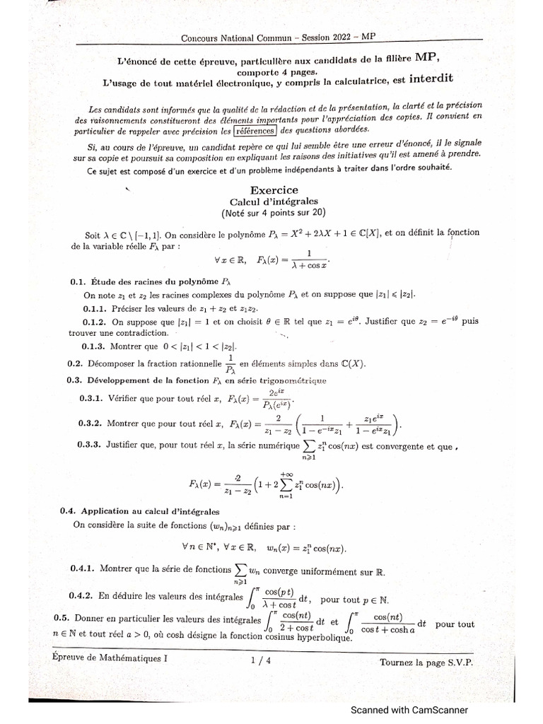 CNC 2022 MP Math 1 | PDF