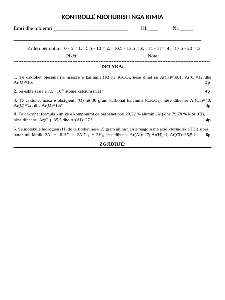 Kontrollë Njohurish Viti II 2023-24 (Tremujorshi I Parë) | PDF