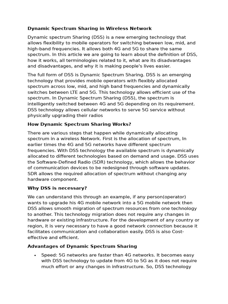 Dynamic Spectrum Sharing In Wireless Network Pdf Radio Spectrum 4 G