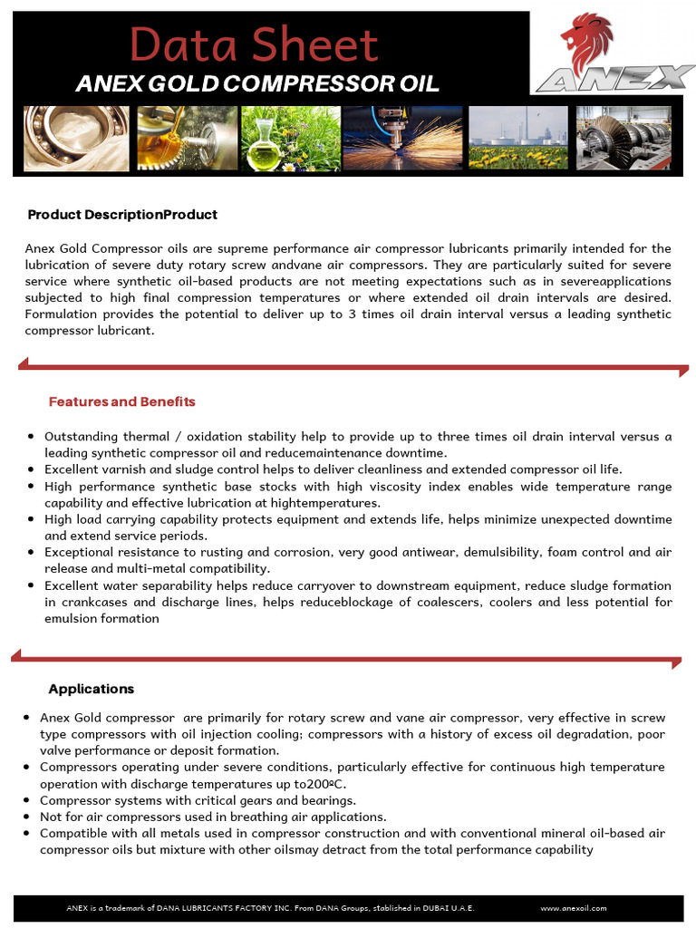 Anex Gold Compressor Oil 46 - 68 | PDF | Lubricant | Industrial Processes