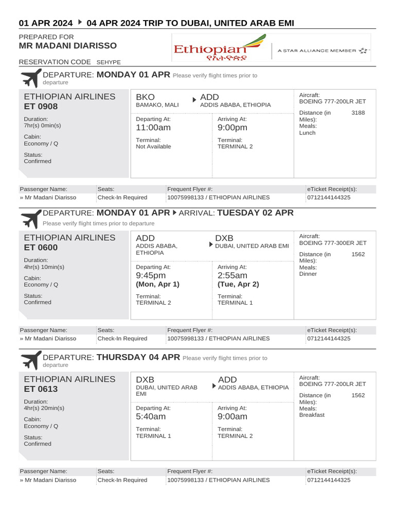 Travel Reservation April 01 For MR MADANI DIARISSO | PDF | Aviation | Civil Aviation