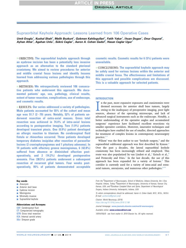 Supraorbital Keyhole Approach - Lessons Learned From 106 Operative ...