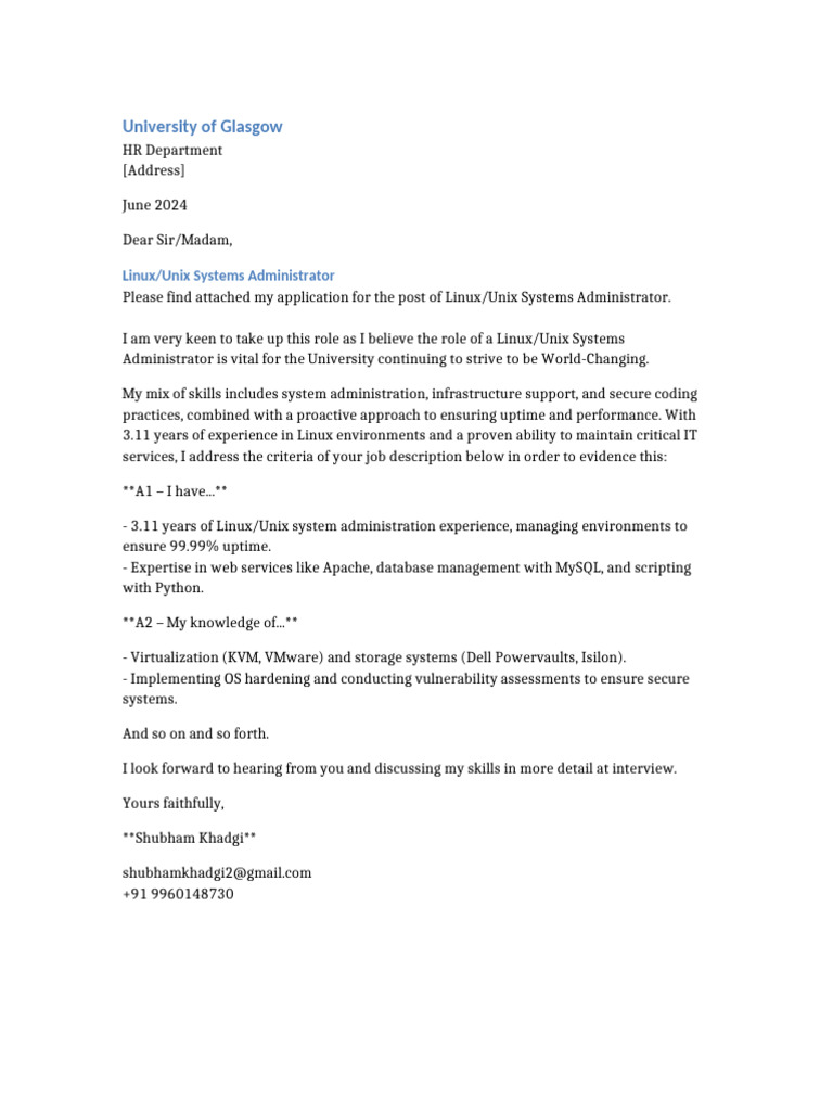 Application for Linux/Unix Admin Role | PDF