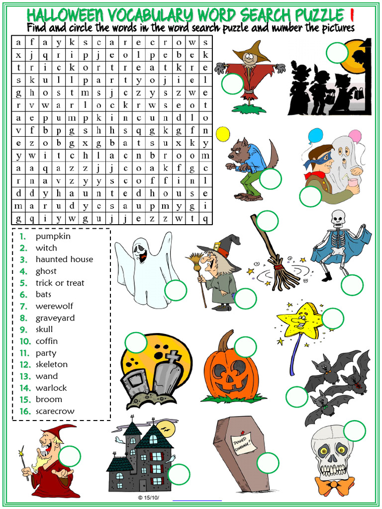 Halloween Vocabulary Esl Word Search Puzzle Worksheets for Kids | PDF