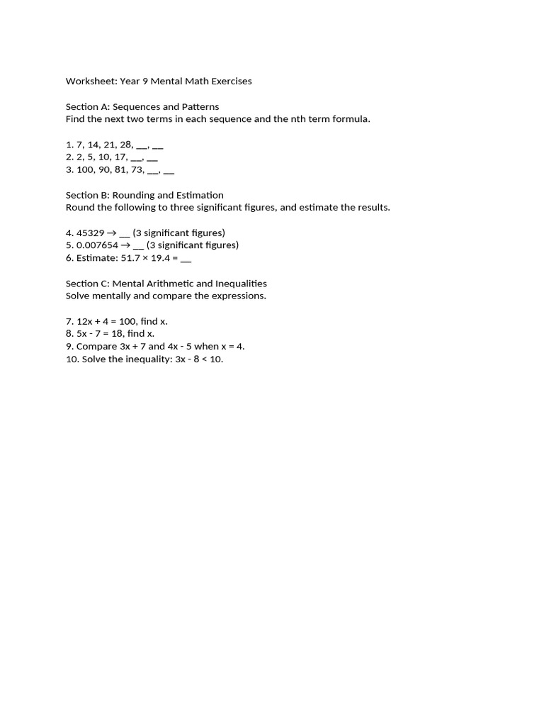 Mental Maths Year 9 | PDF | Mathematics | Arithmetic