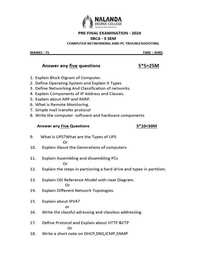 3bca Computer Networking and Troubleshhoting QN Paper Prefinal | PDF