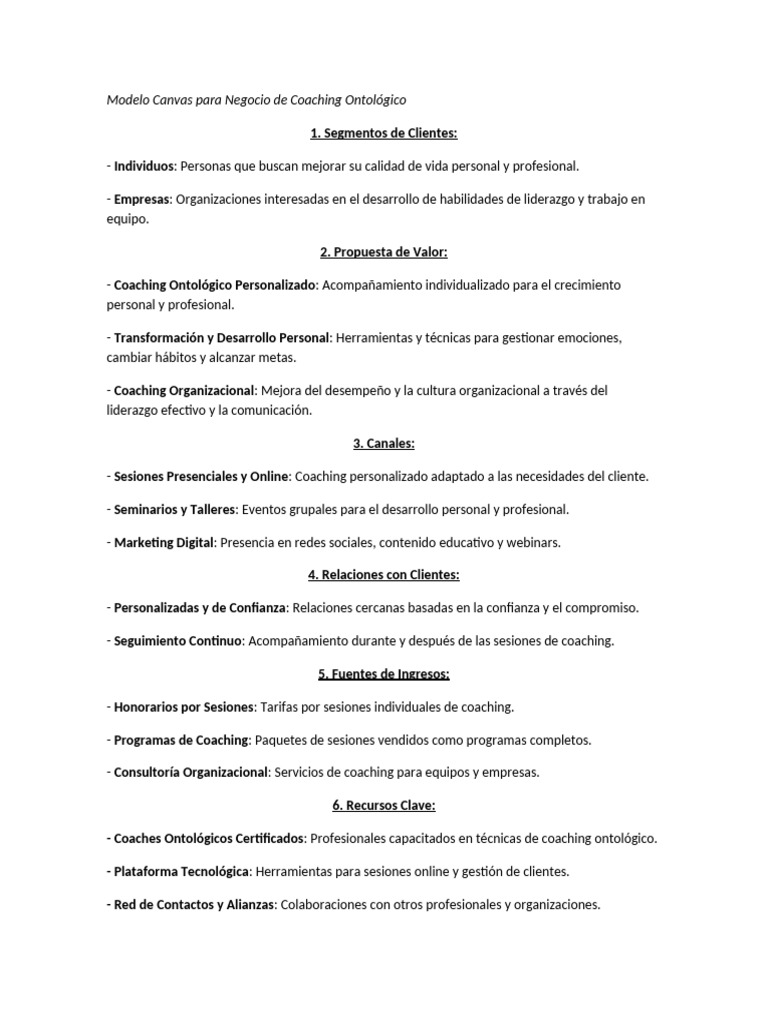 Modelo Canvas para Coaching Ontológico | PDF | Marketing | Desarrollo ...
