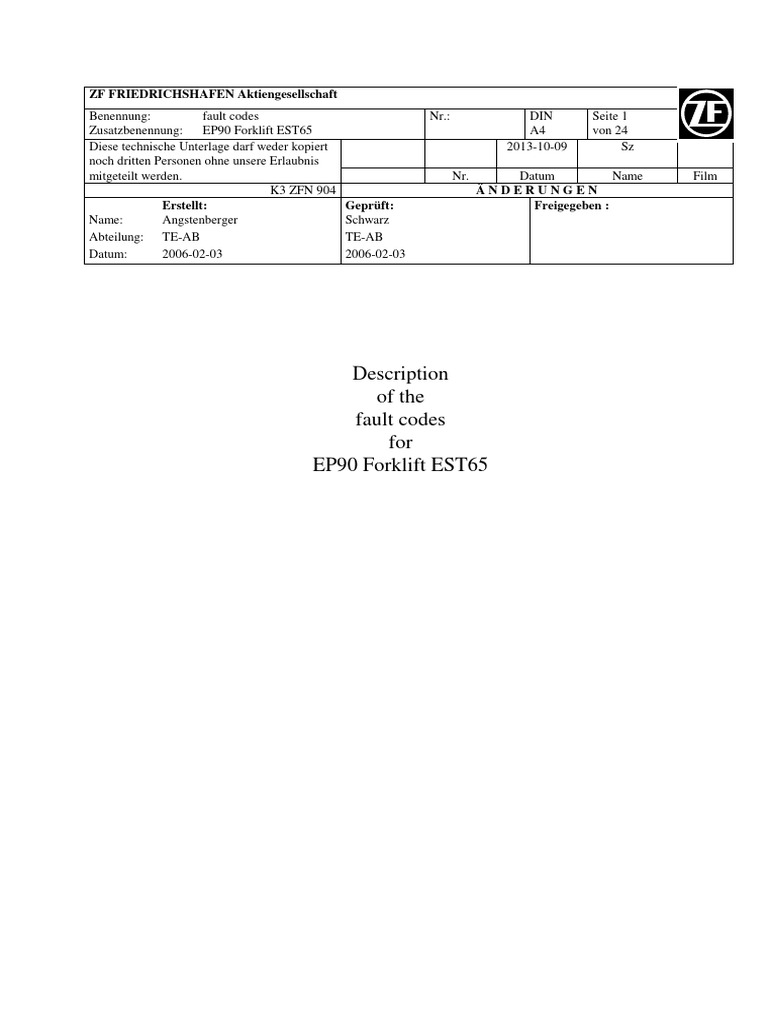 ZF Transmission Description of The Fault Codes For EP90 Forklift EST65 | PDF | Machines ...