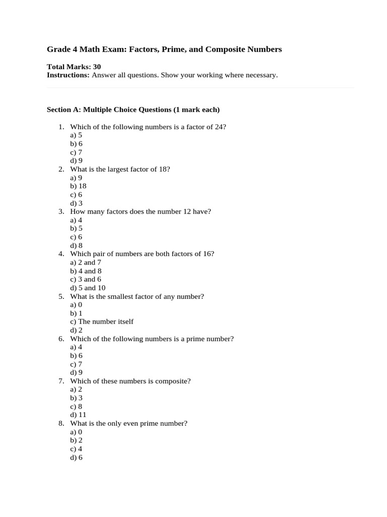 Grade 4 Math Exam | PDF | Prime Number | Mathematics